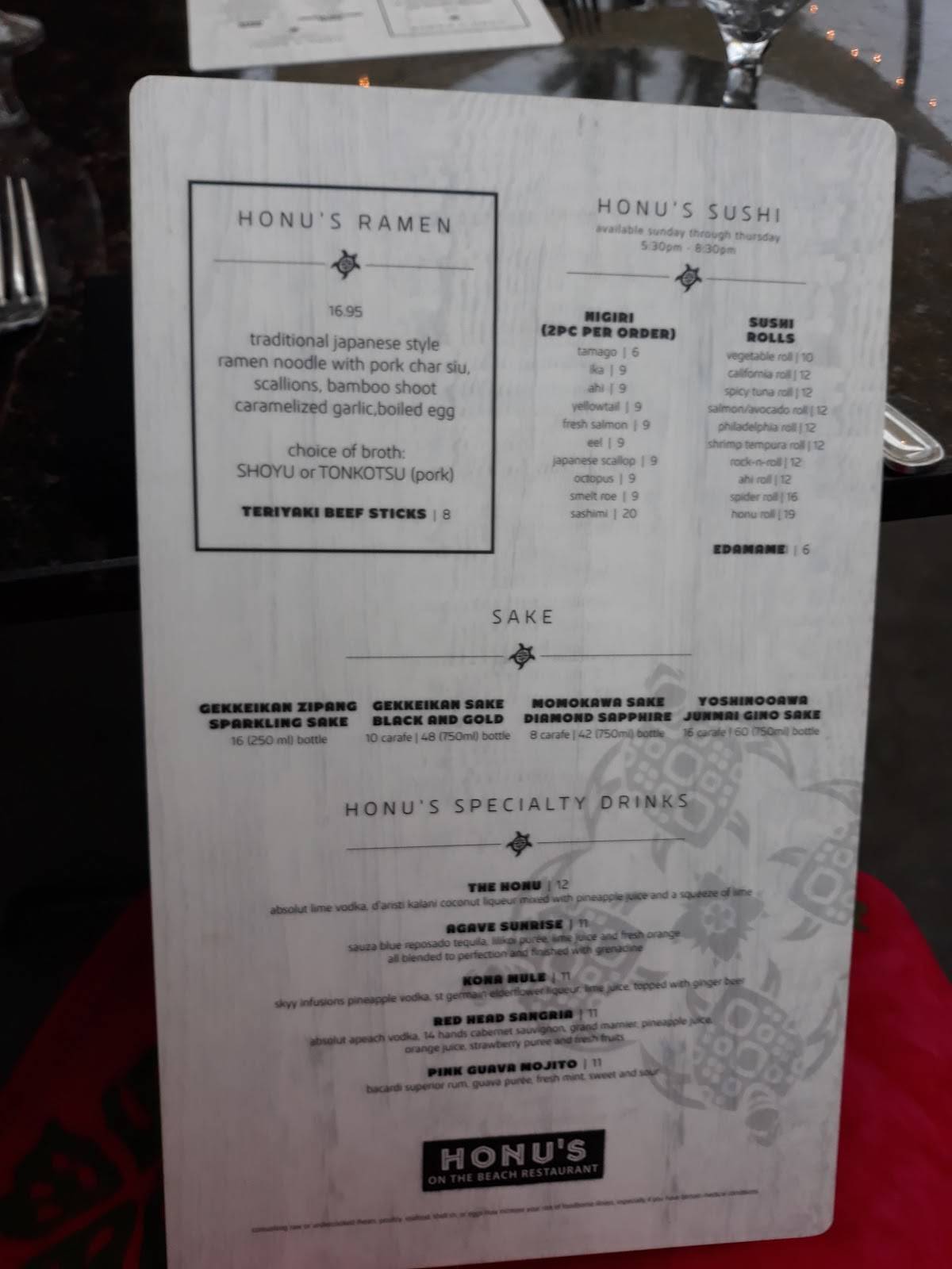 Menu at Honu's on the Beach restaurant, Kailua-Kona