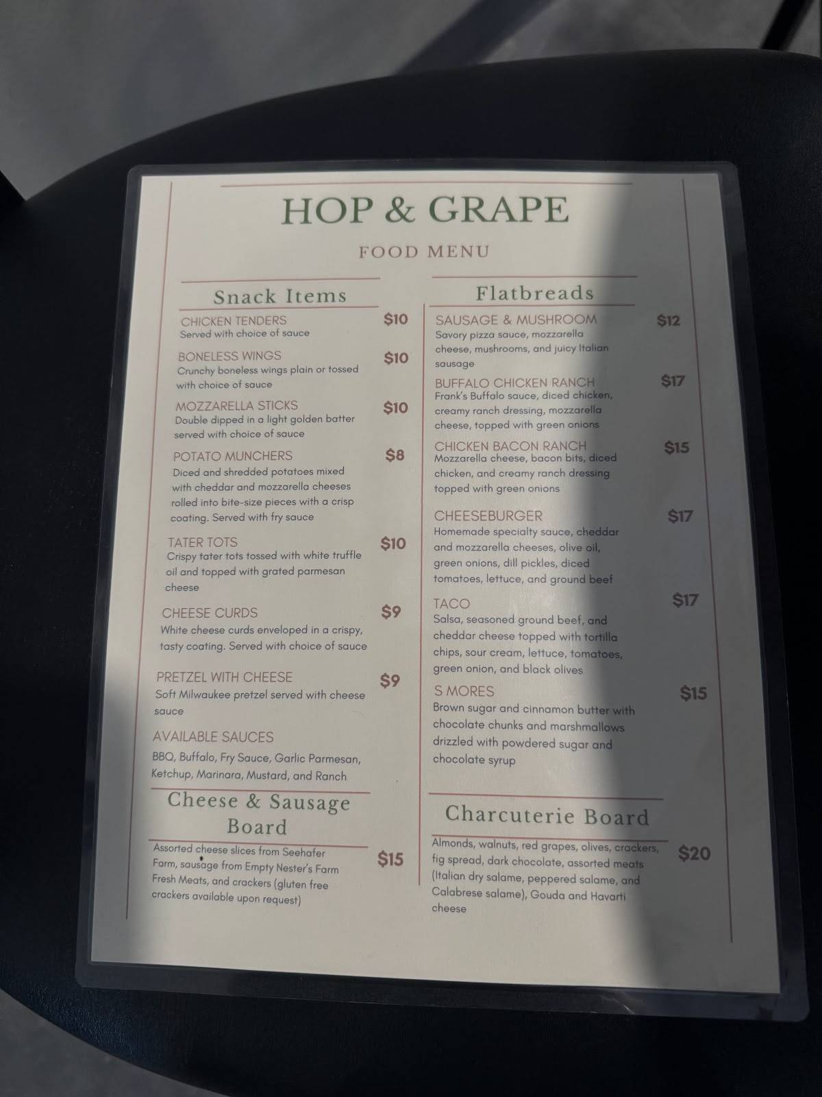 Menu at Hop & Grape pub & bar, Marshfield