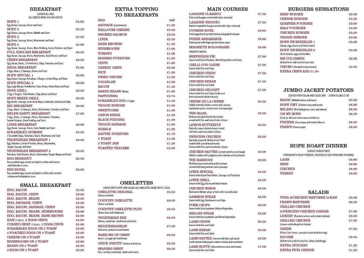 Menu at Hope Cafe & Restaurant, Hertford