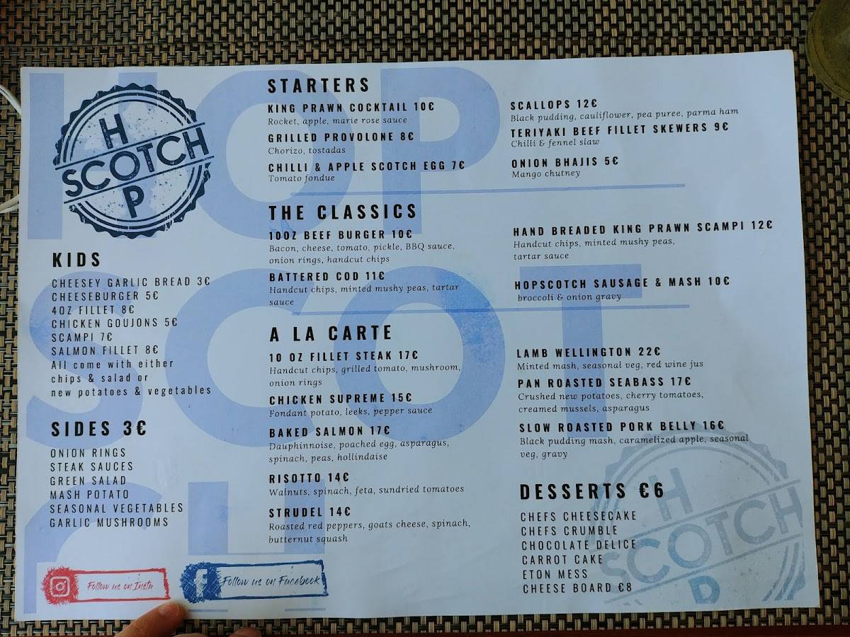Menu at Hopscotch restaurant, Castillo Caleta de Fuste