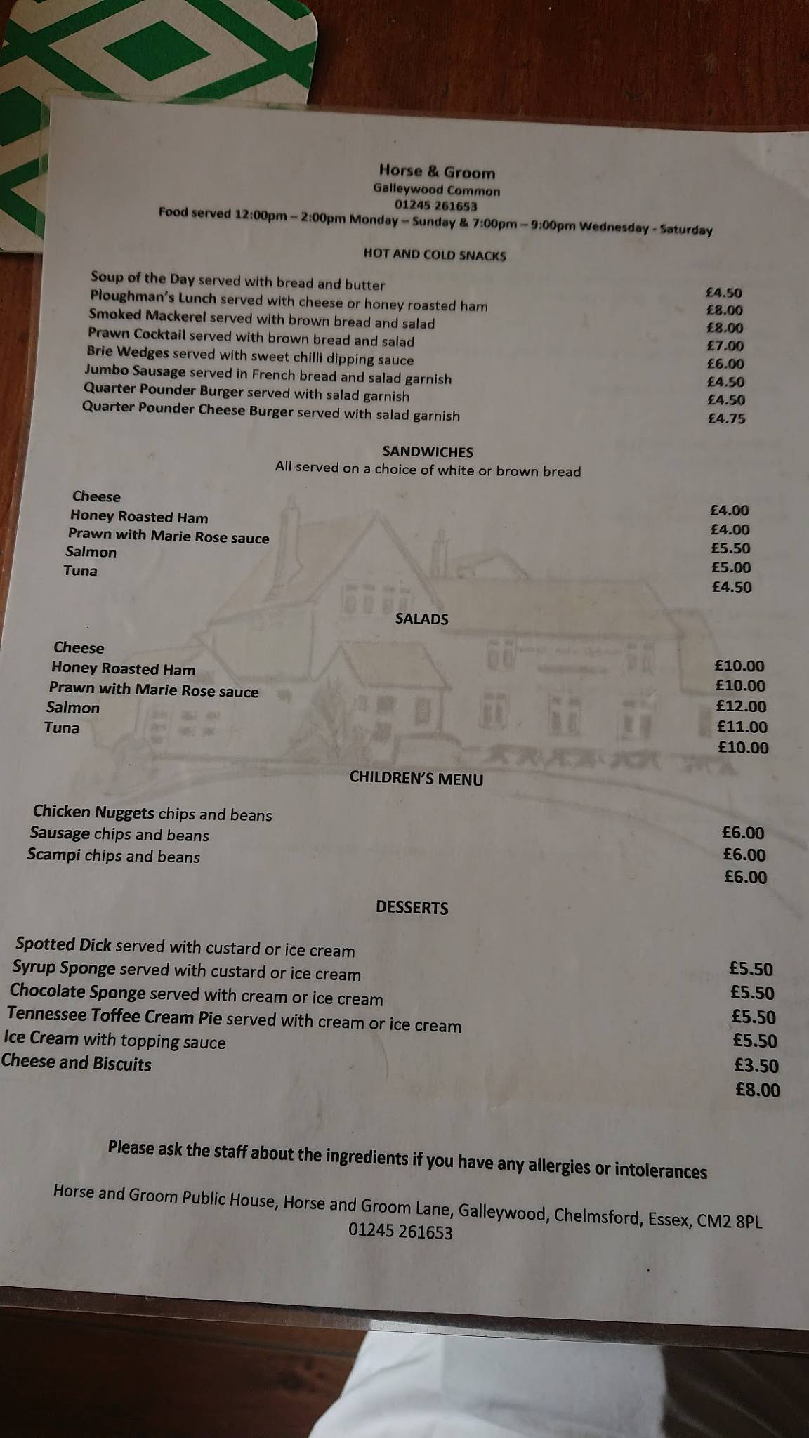 Menu at Horse and Groom Galleywood pub & bar, Chelmsford