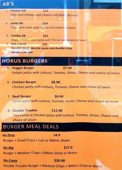 Menu at Horus Egyptian Cafe & Shisha House, Restaurant & Bar, Adelaide