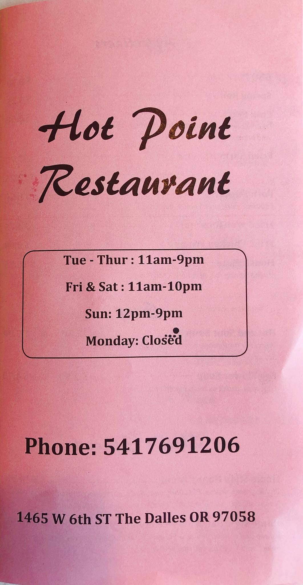 Menu at Hot Point Chinese Restaurant, The Dalles