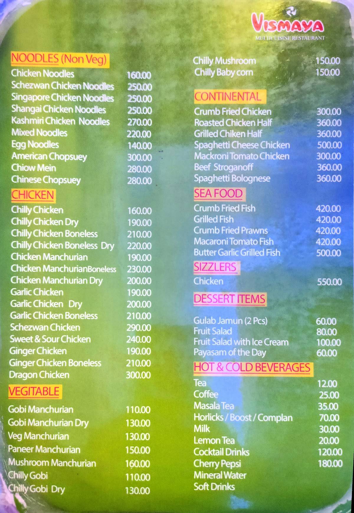 Menu at Hotel Vismaya, Neyyattinkara
