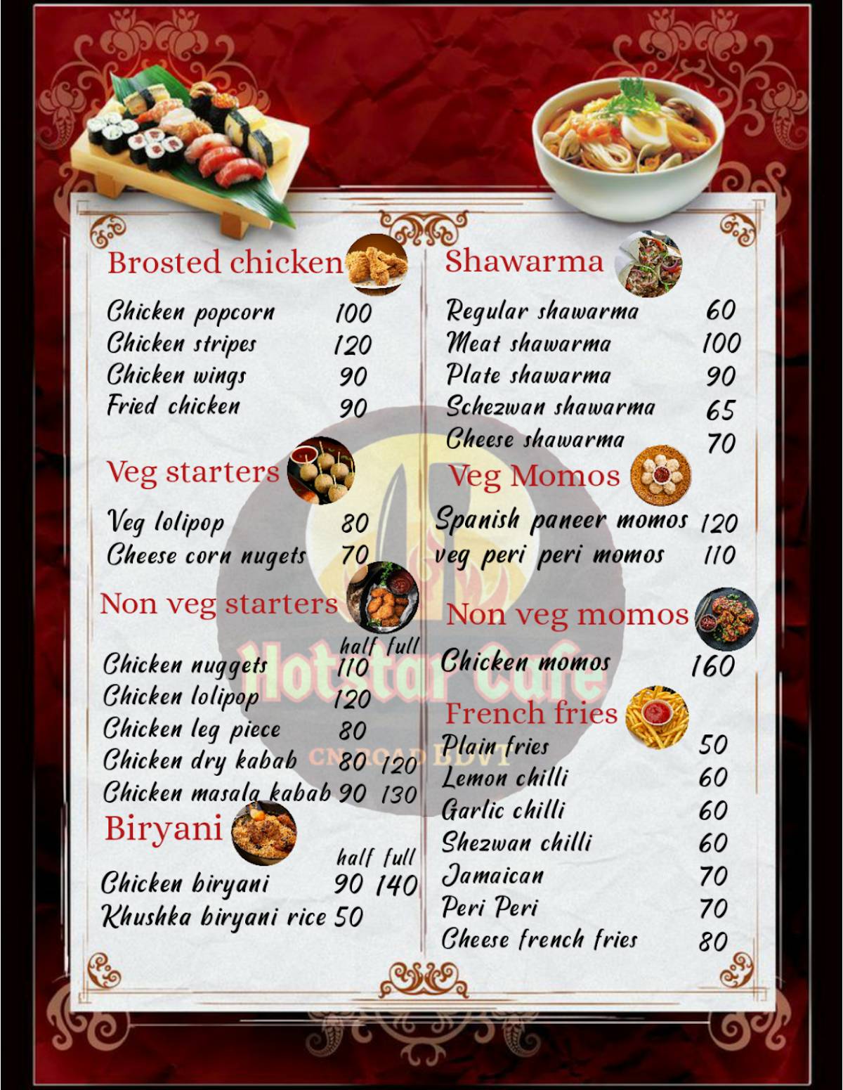 Menu at Hotstar cafe, Jannapura