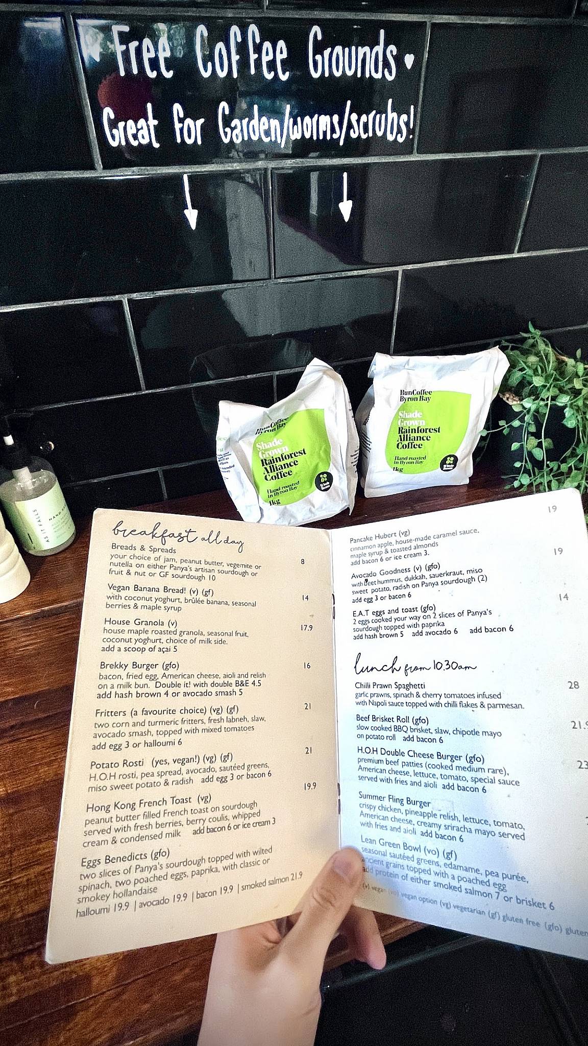 Menu at House of Hubert cafe, Tugun