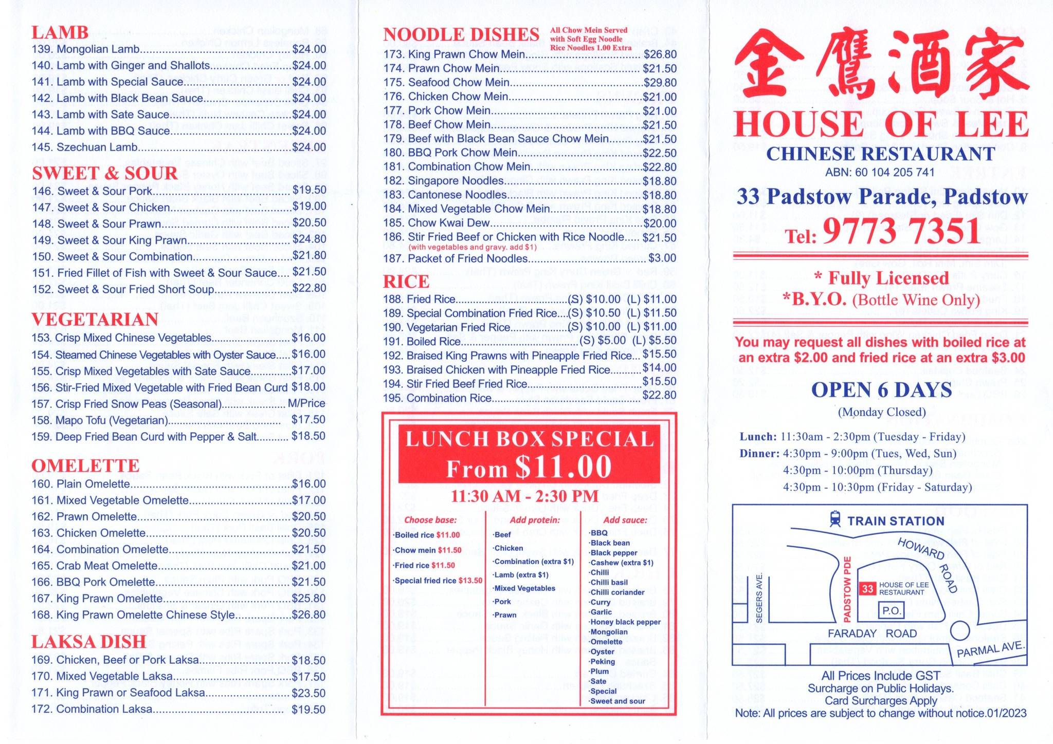 Menu at House of Lee restaurant, Padstow