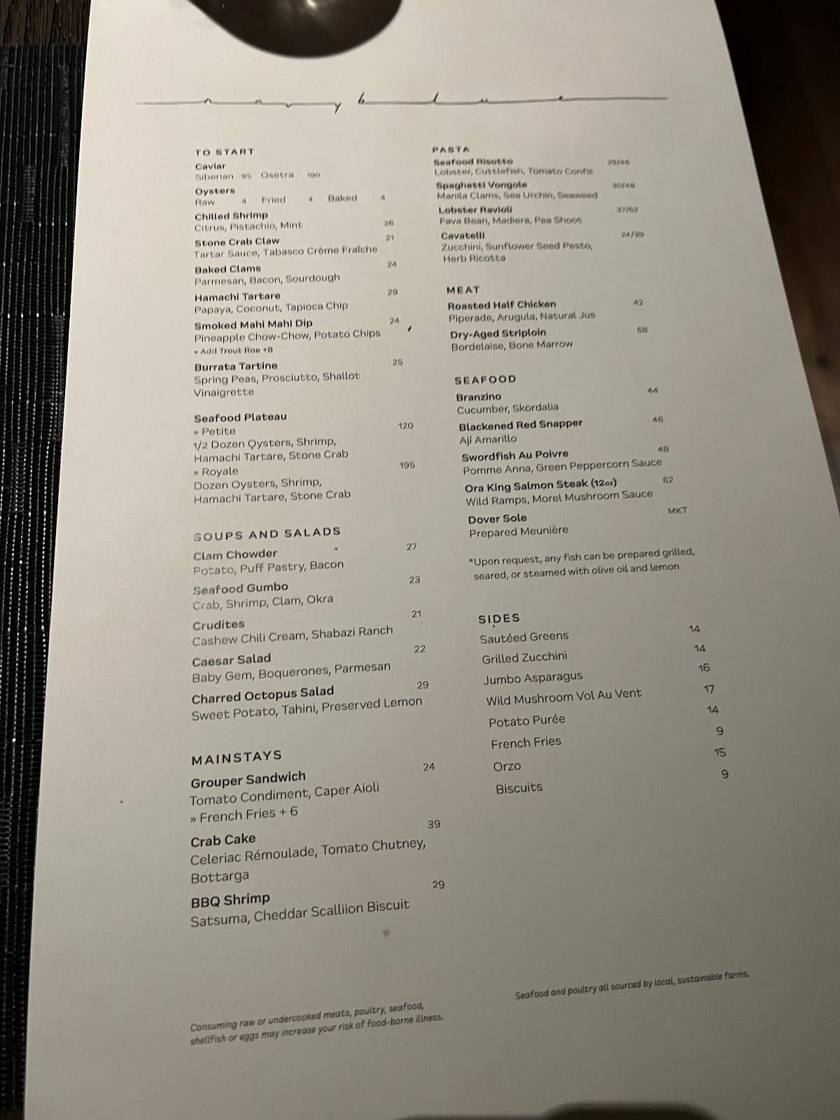 Menu at Navy Blue restaurant, Houston