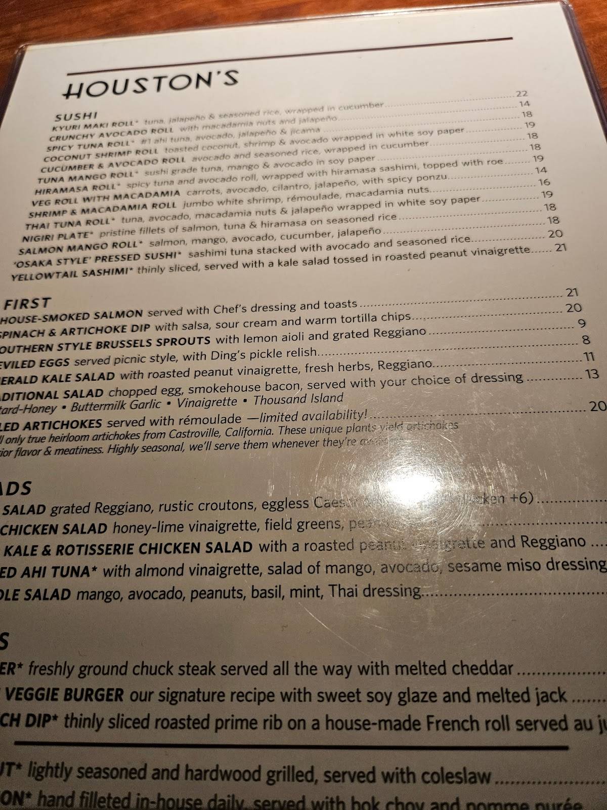Menu at Houston's steakhouse, Atlanta, Peachtree Rd