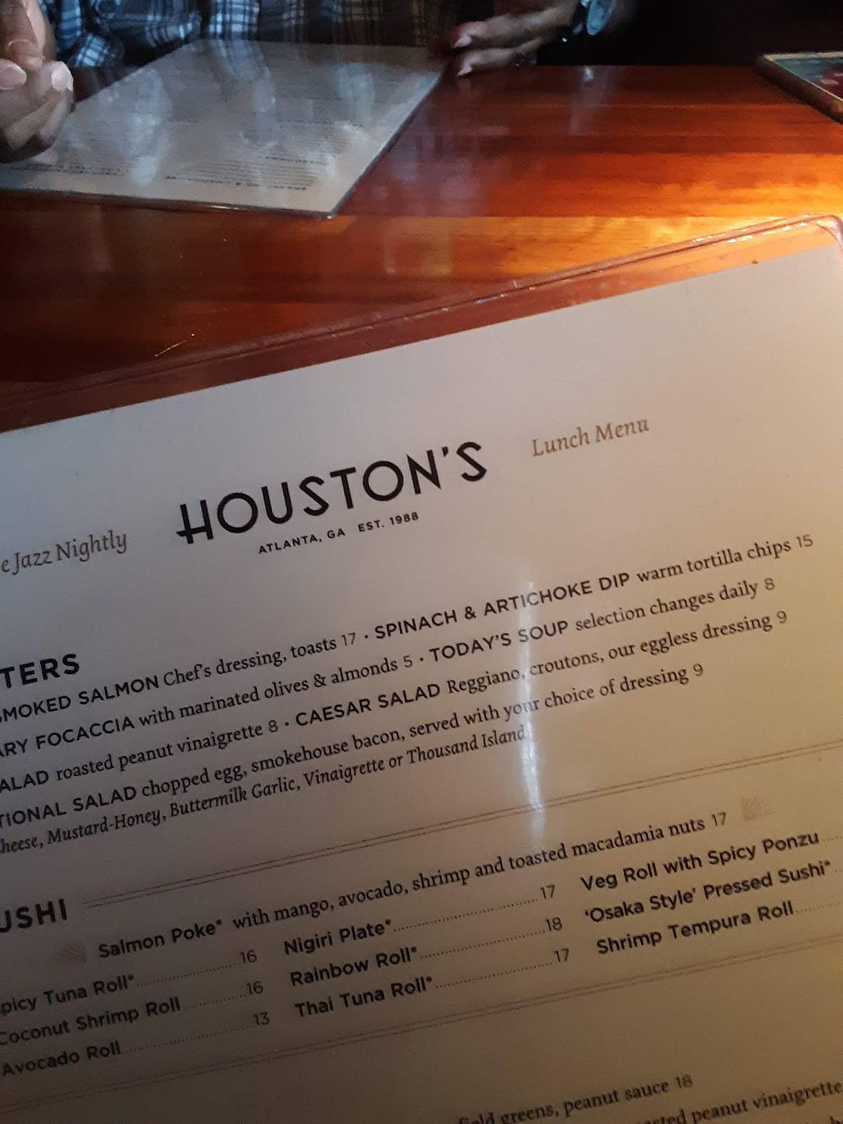 Menu at Houston's steakhouse, Atlanta, Peachtree Rd
