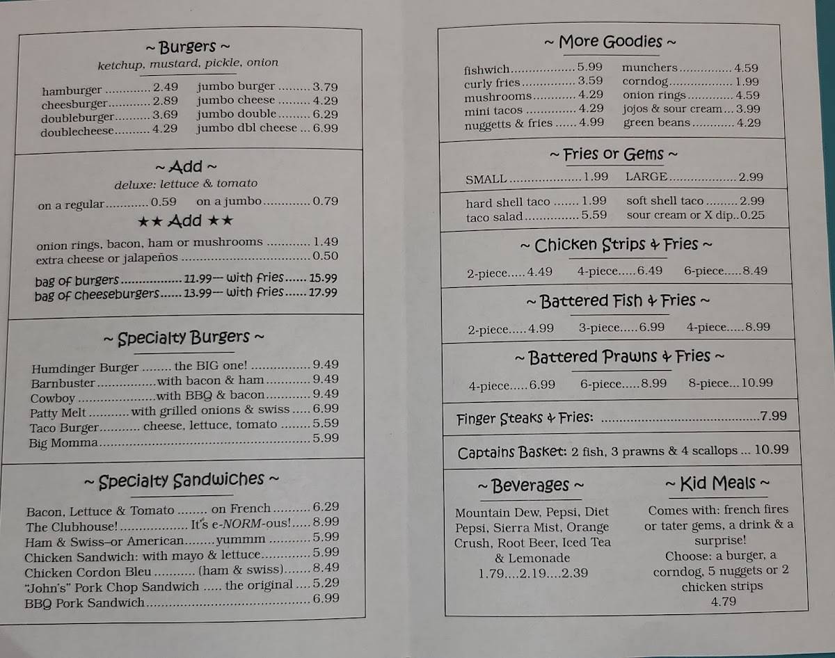 Menu at Humdinger Drive In restaurant, Kellogg