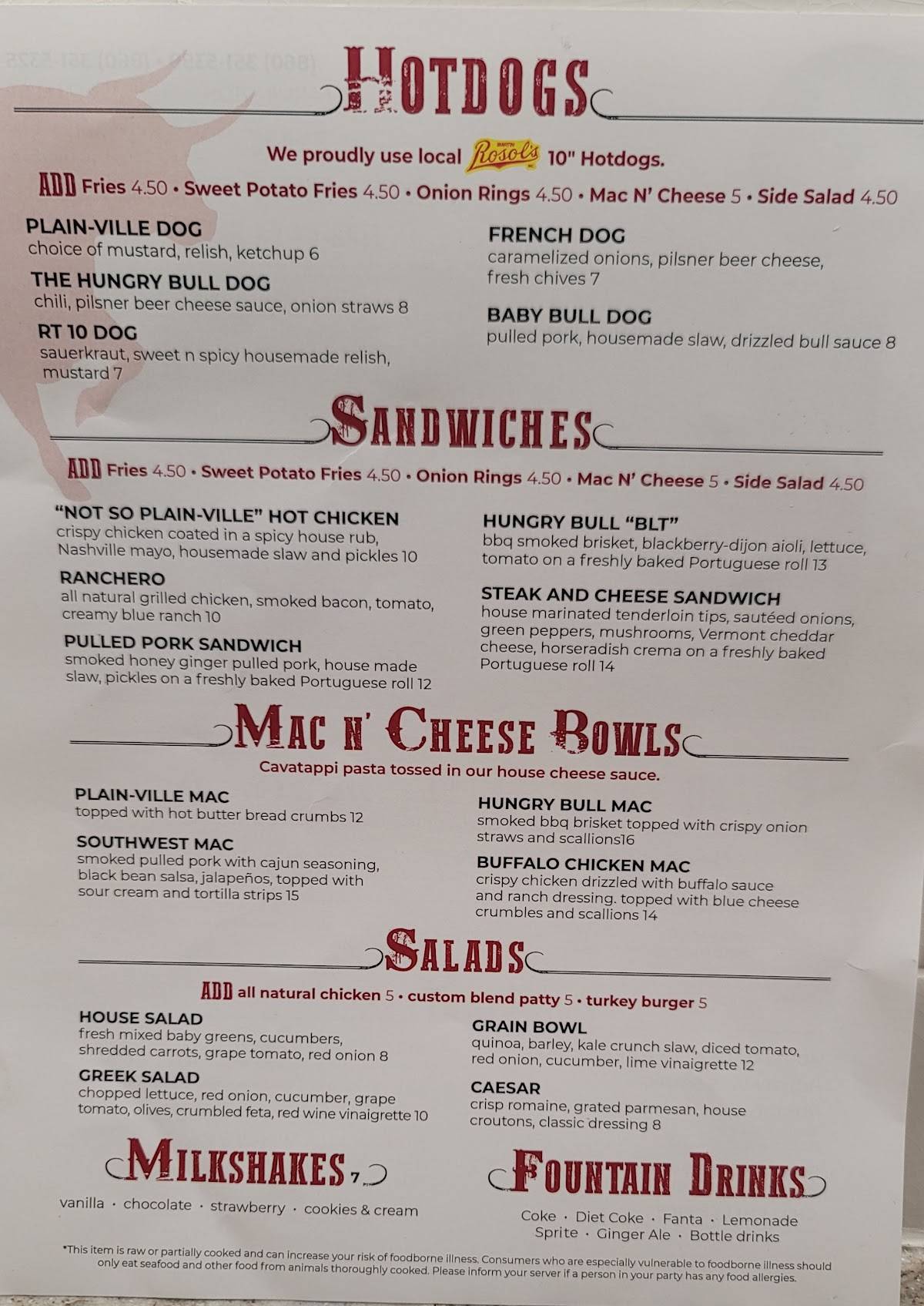 Carta del restaurante Hungry Bull Burger Co., Plainville