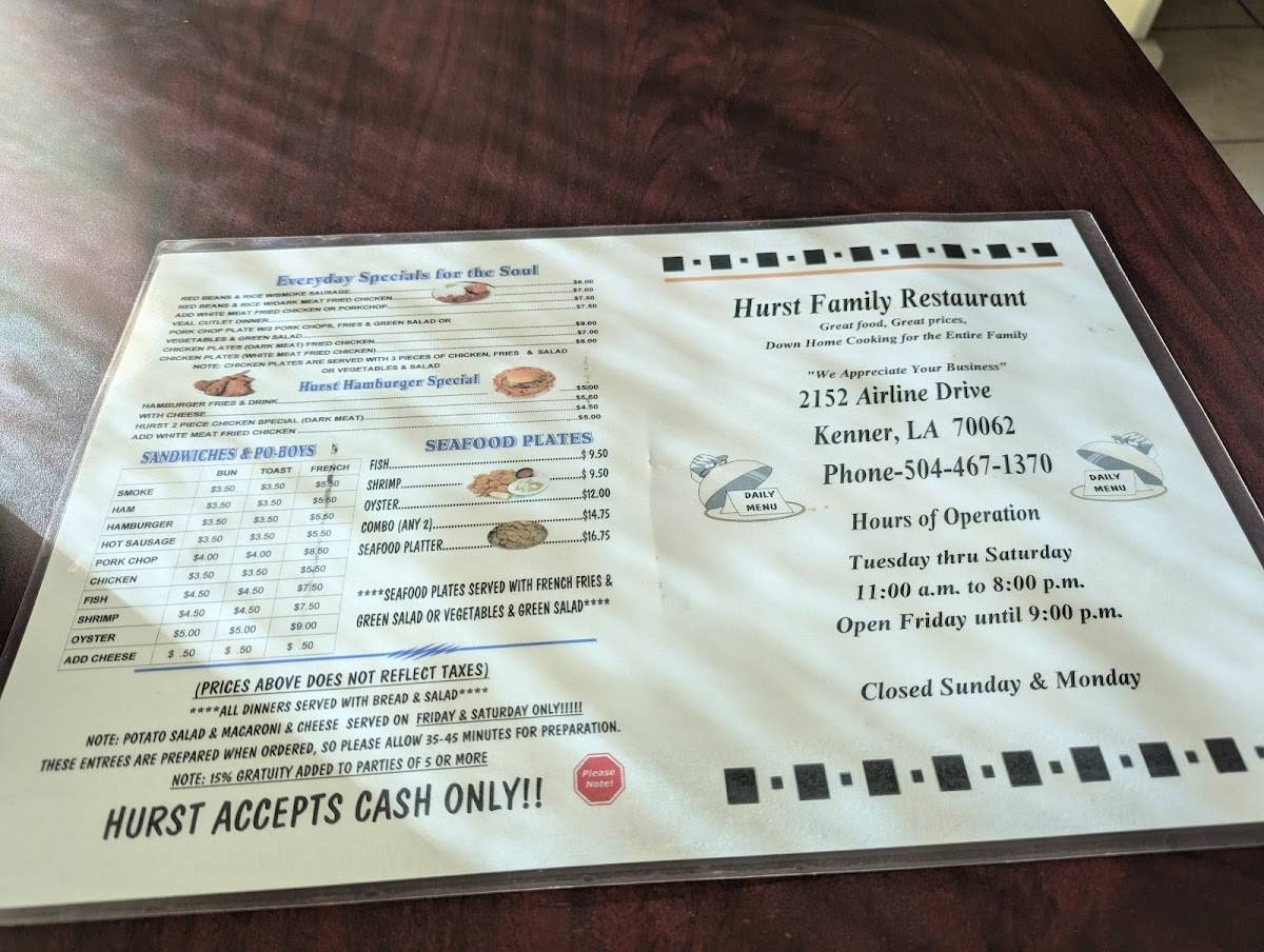 Menu at Hurst’s Restaurant and Seafood, Kenner
