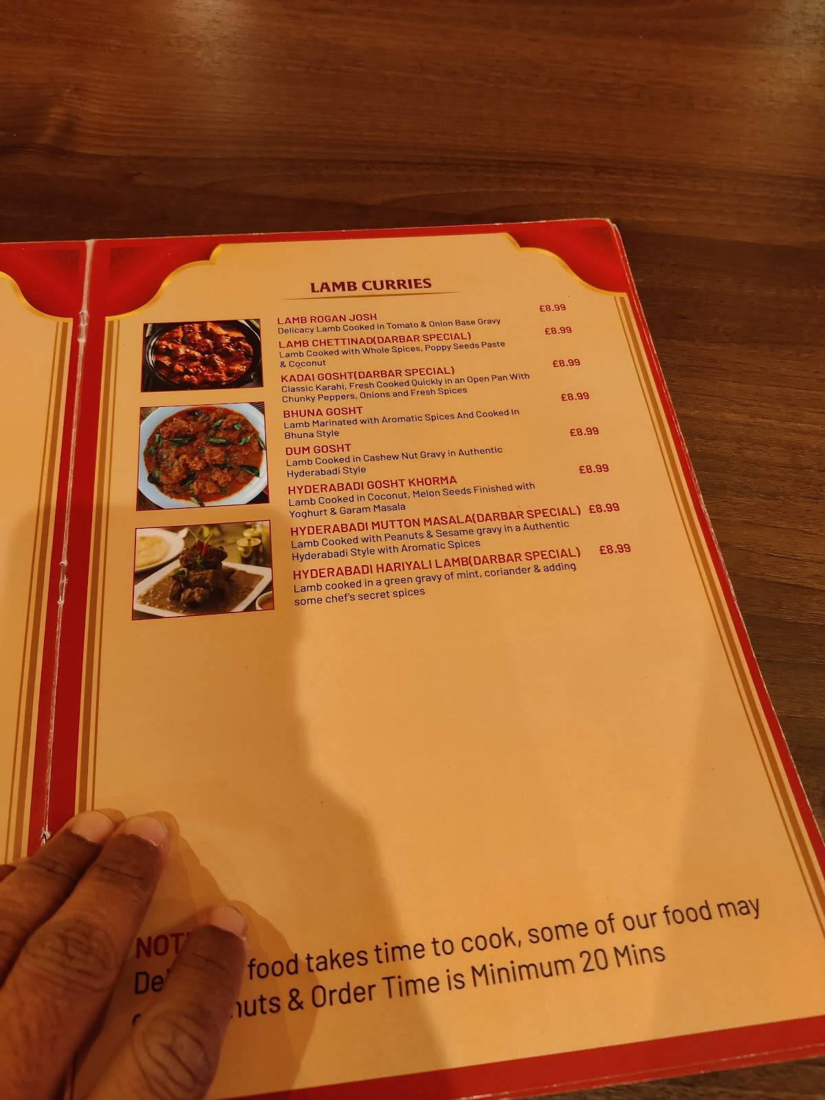 Menu at Hyderabad Darbar, Ilford