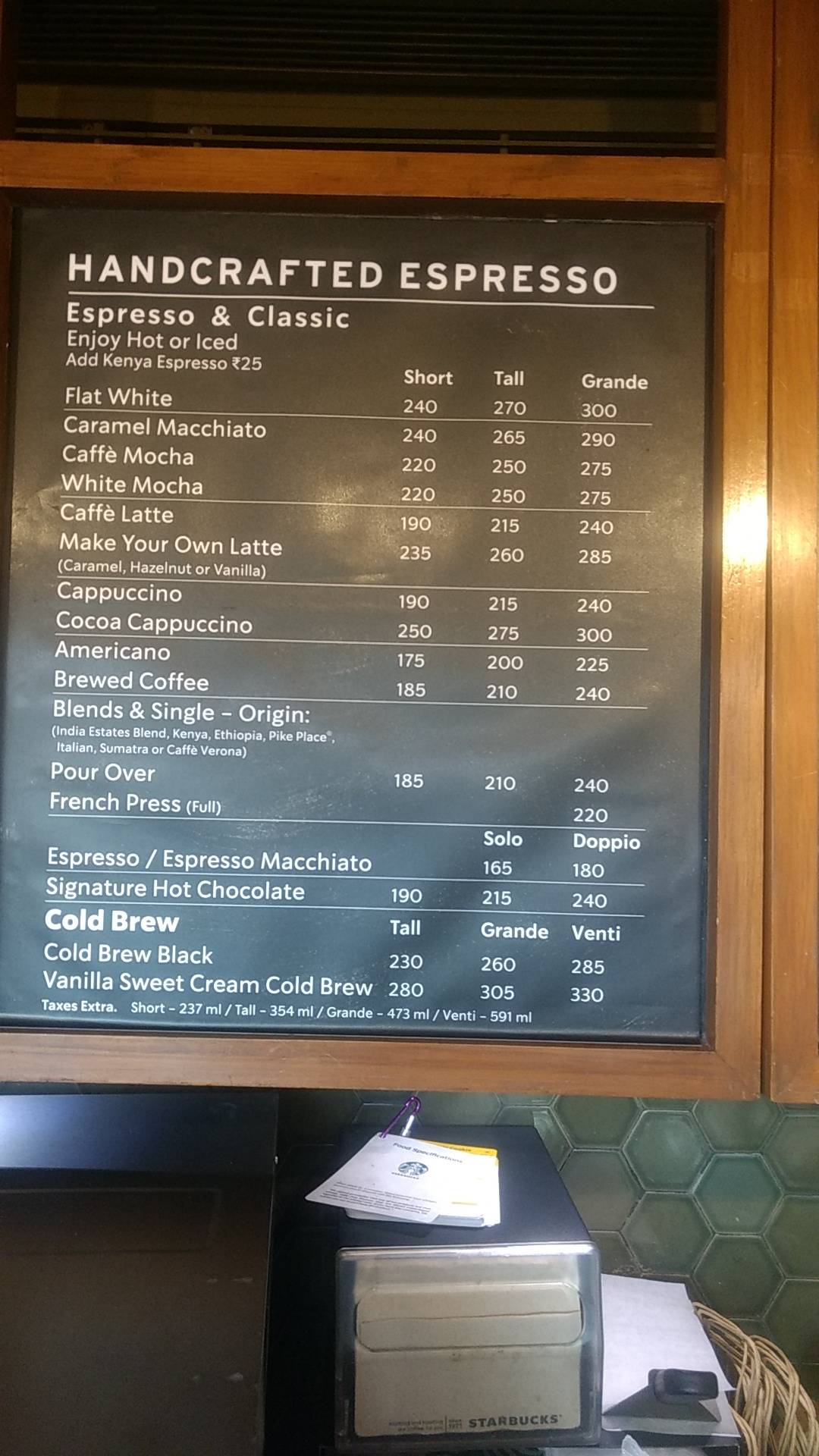 Menu at Starbucks, Hyderabad, Road No. 92