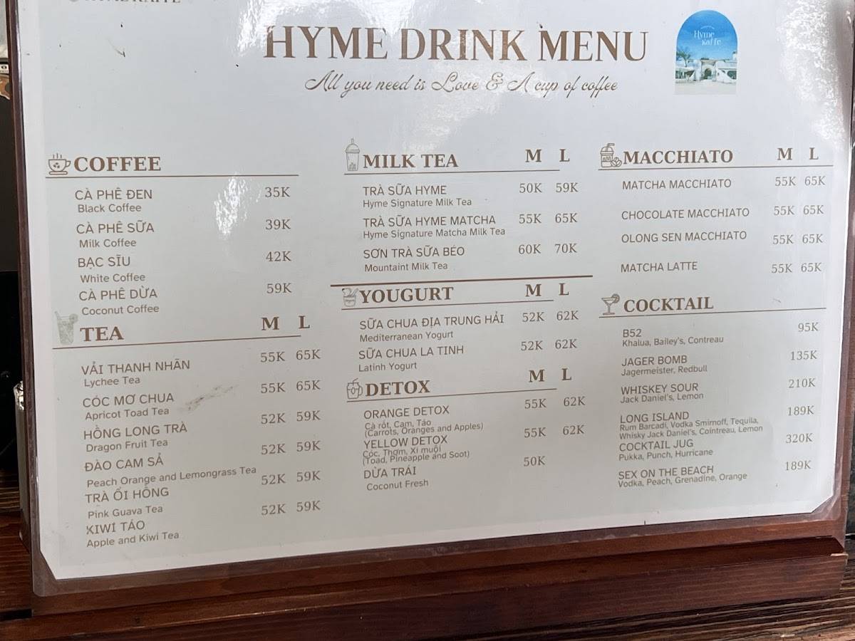 Menu at Hyme Kaffé, Phan Thiet