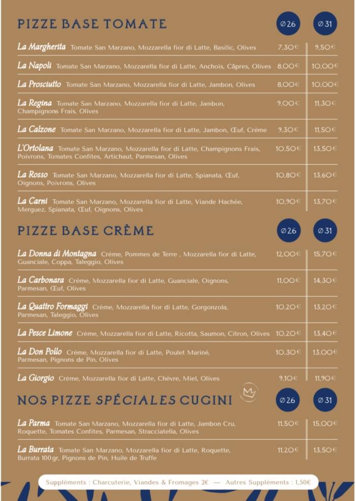 Menu au I CUGINI Pizzeria, Audenge