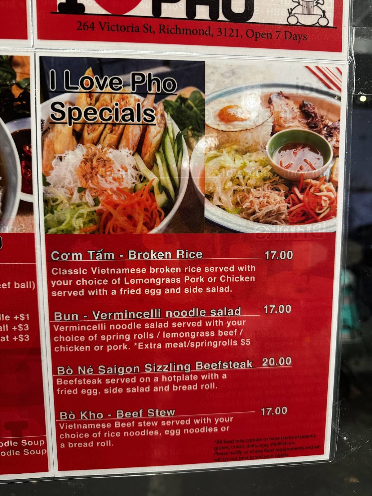 Menu at I Love Pho restaurant, Richmond, 264 Victoria St