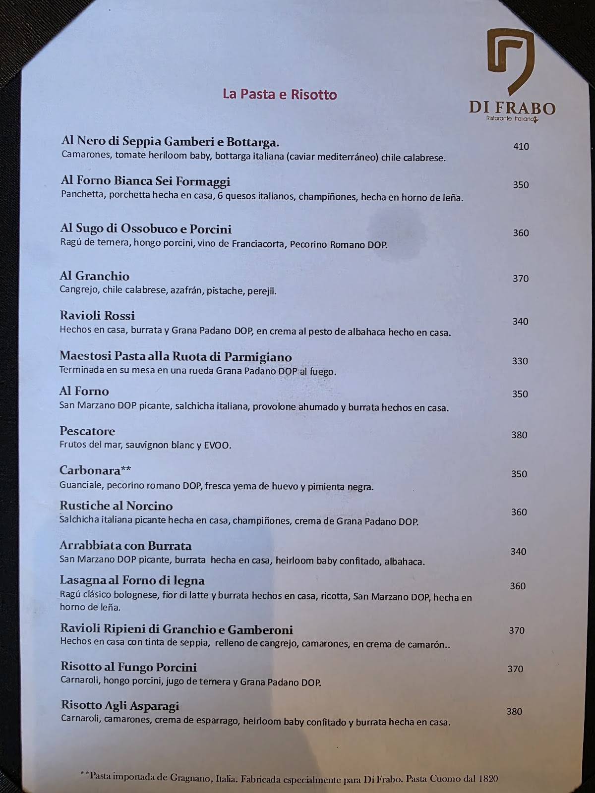 Carta del restaurante IL Castello di Frabo, Apodaca