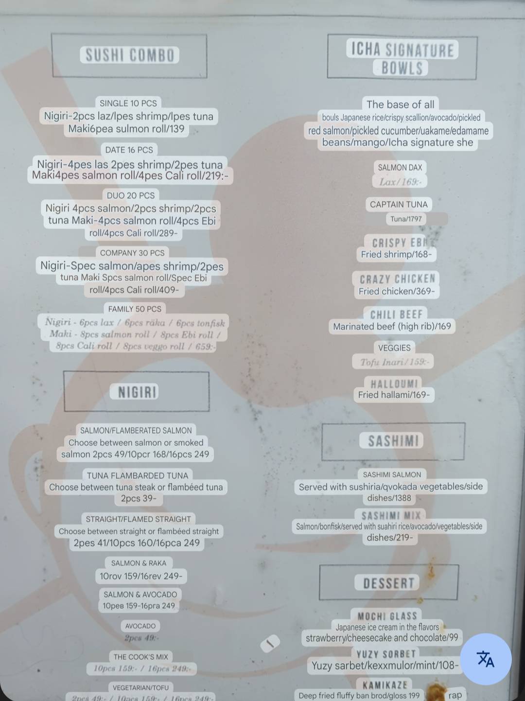 Menu at Icha Mochi restaurant, Malmö
