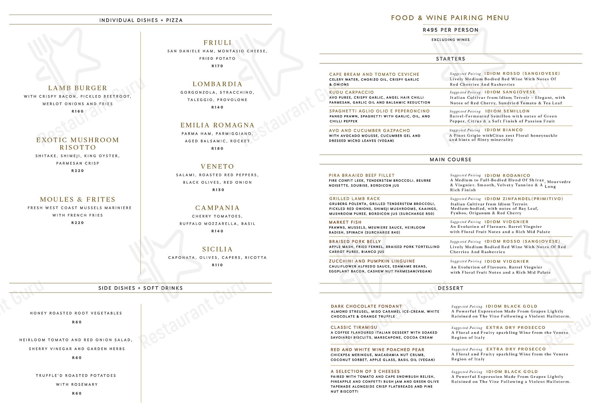 Menu at Idiom Restaurant & Idiom Wine Tasting Centre, Cape Town
