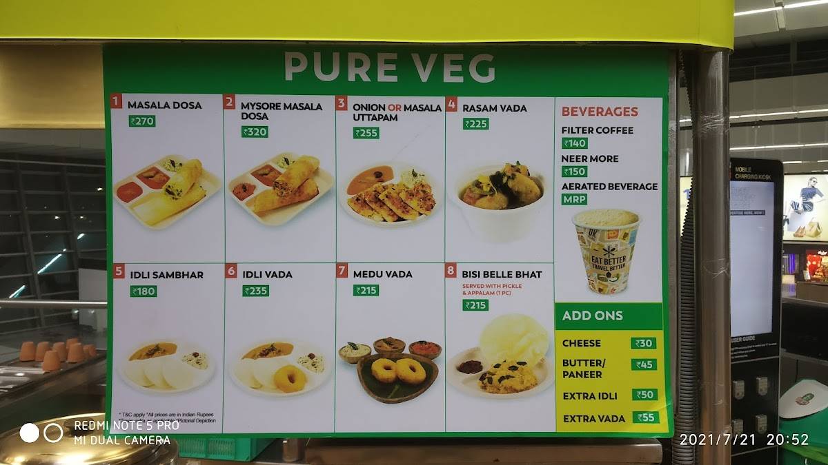 Menu at Idli, New Delhi, Indira Gandhi Int'l Airport