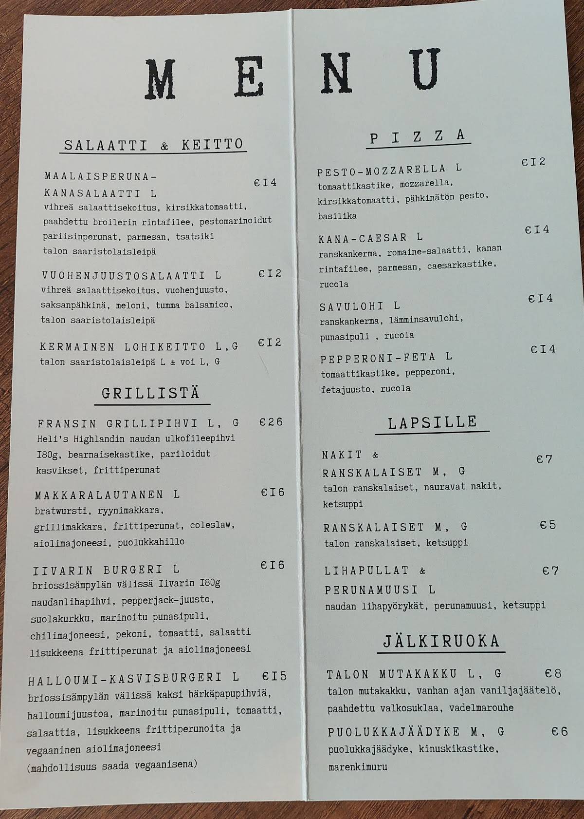 Menu at Iivari Cafe & Bistro, Paimio