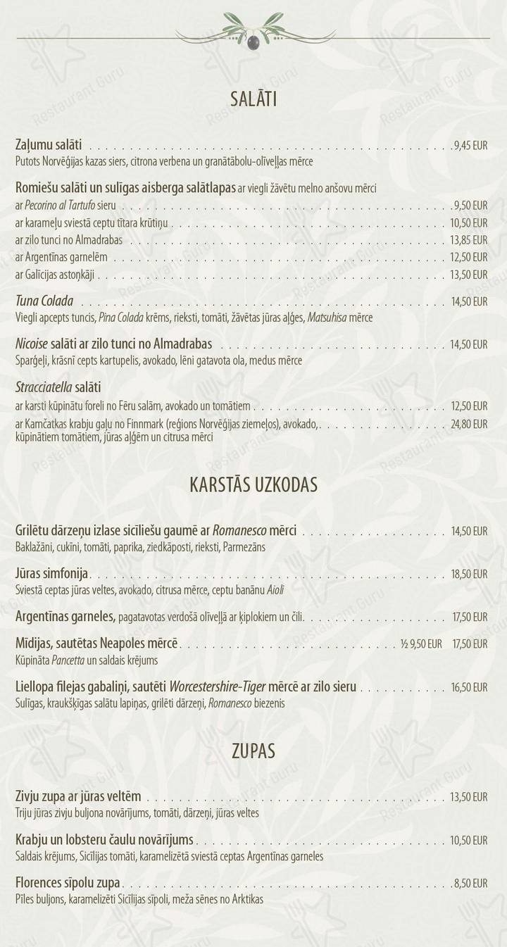 Menu at Ikos Olivia restaurant, Riga