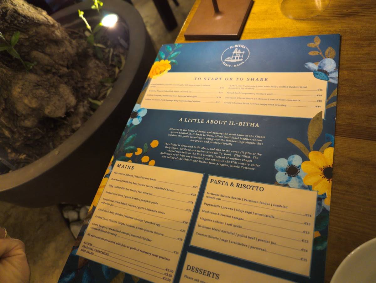 Menu at Il-Bitha restaurant, Rabat