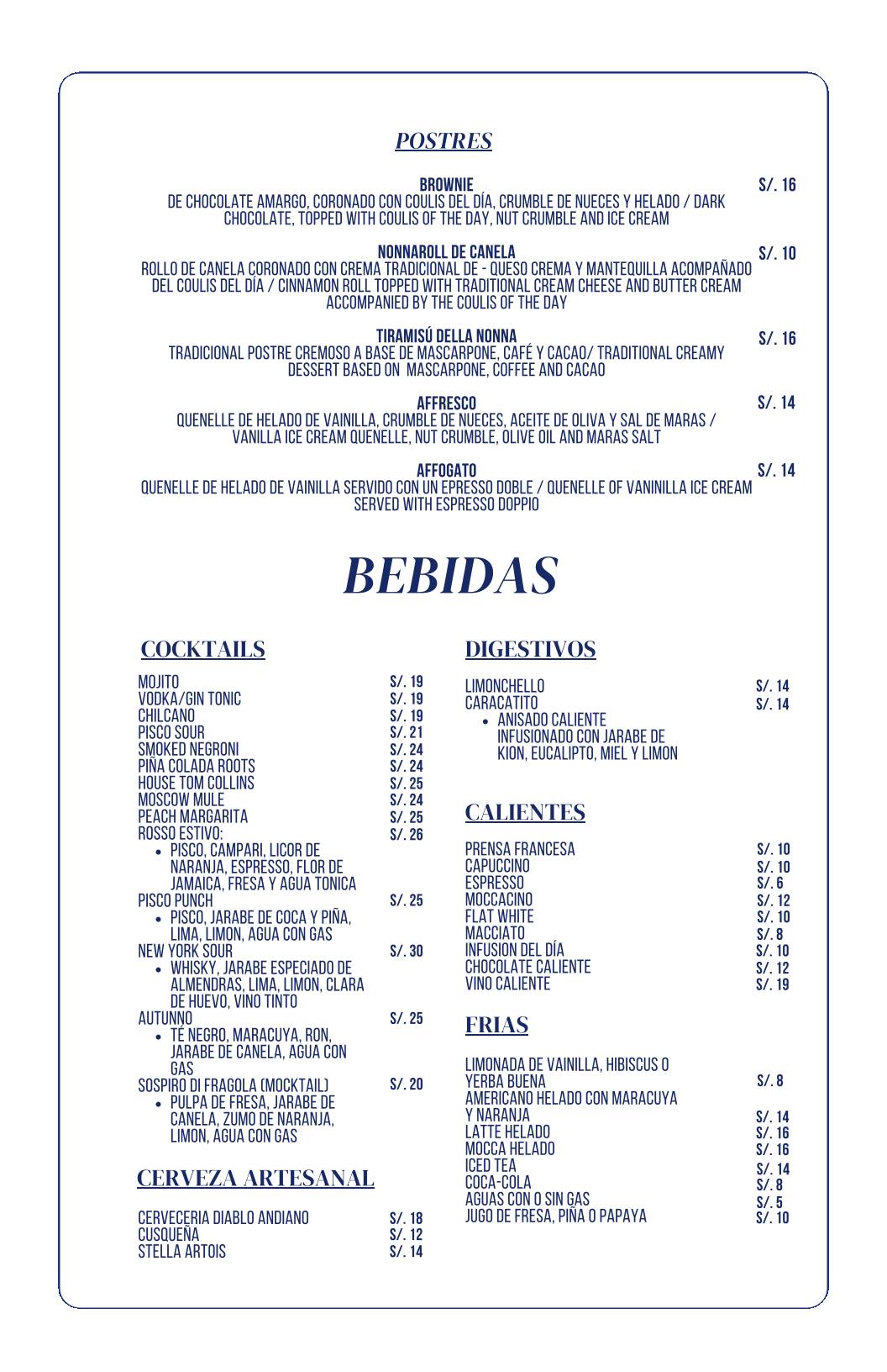 Carta del restaurante Il Caffè Della Nonna, Arequipa, Casona Flores del ...