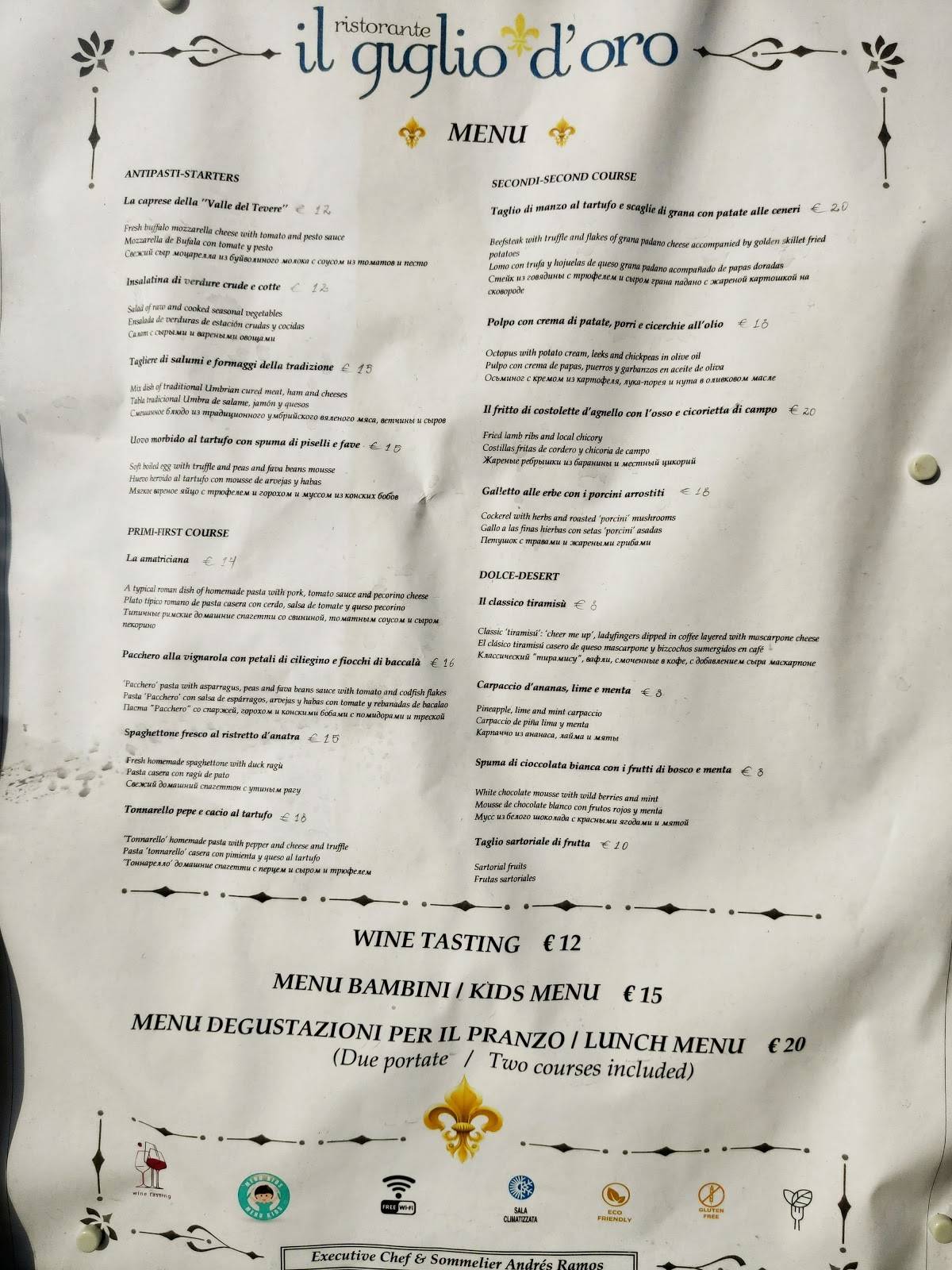 Menu at Il Giglio d'Oro restaurant, Orvieto