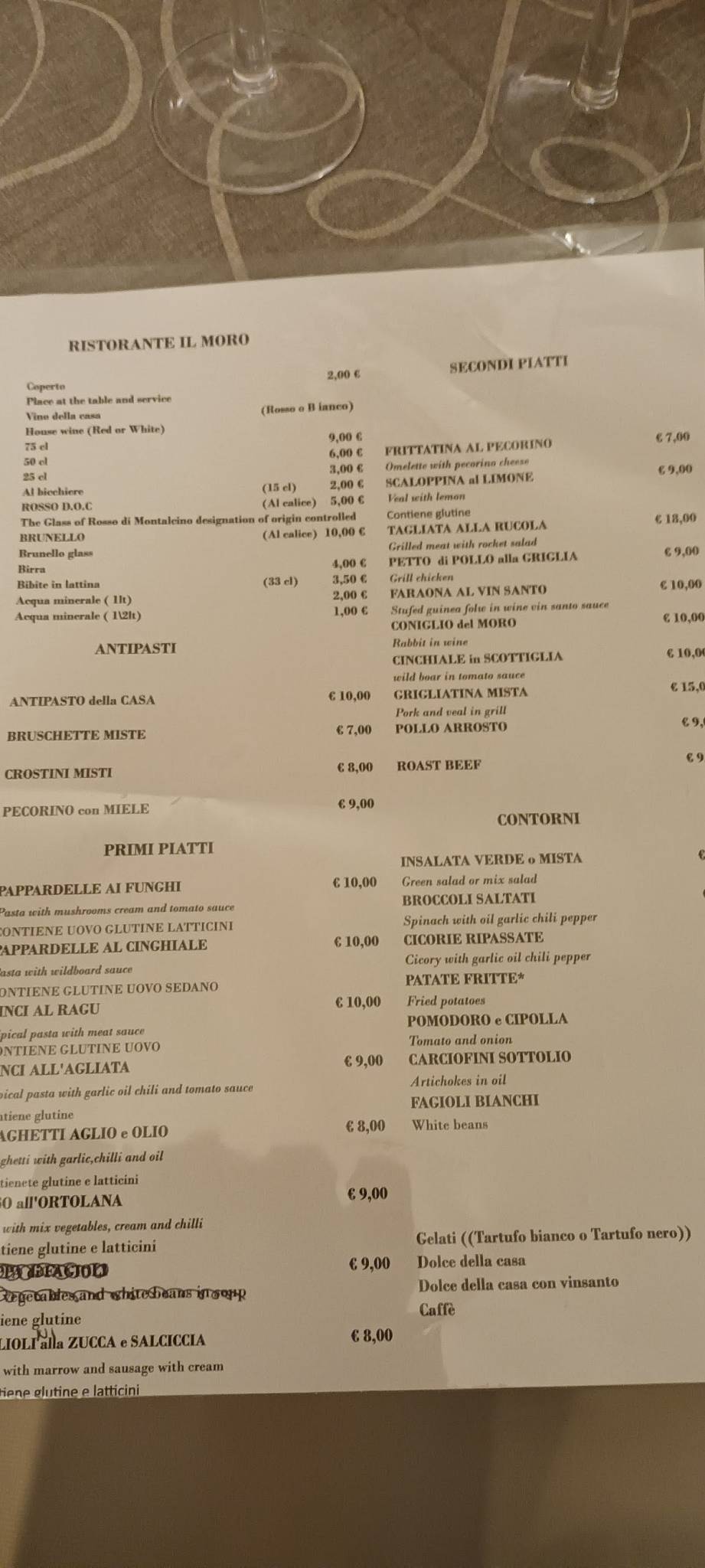 Menu at Il Moro restaurant, Montalcino