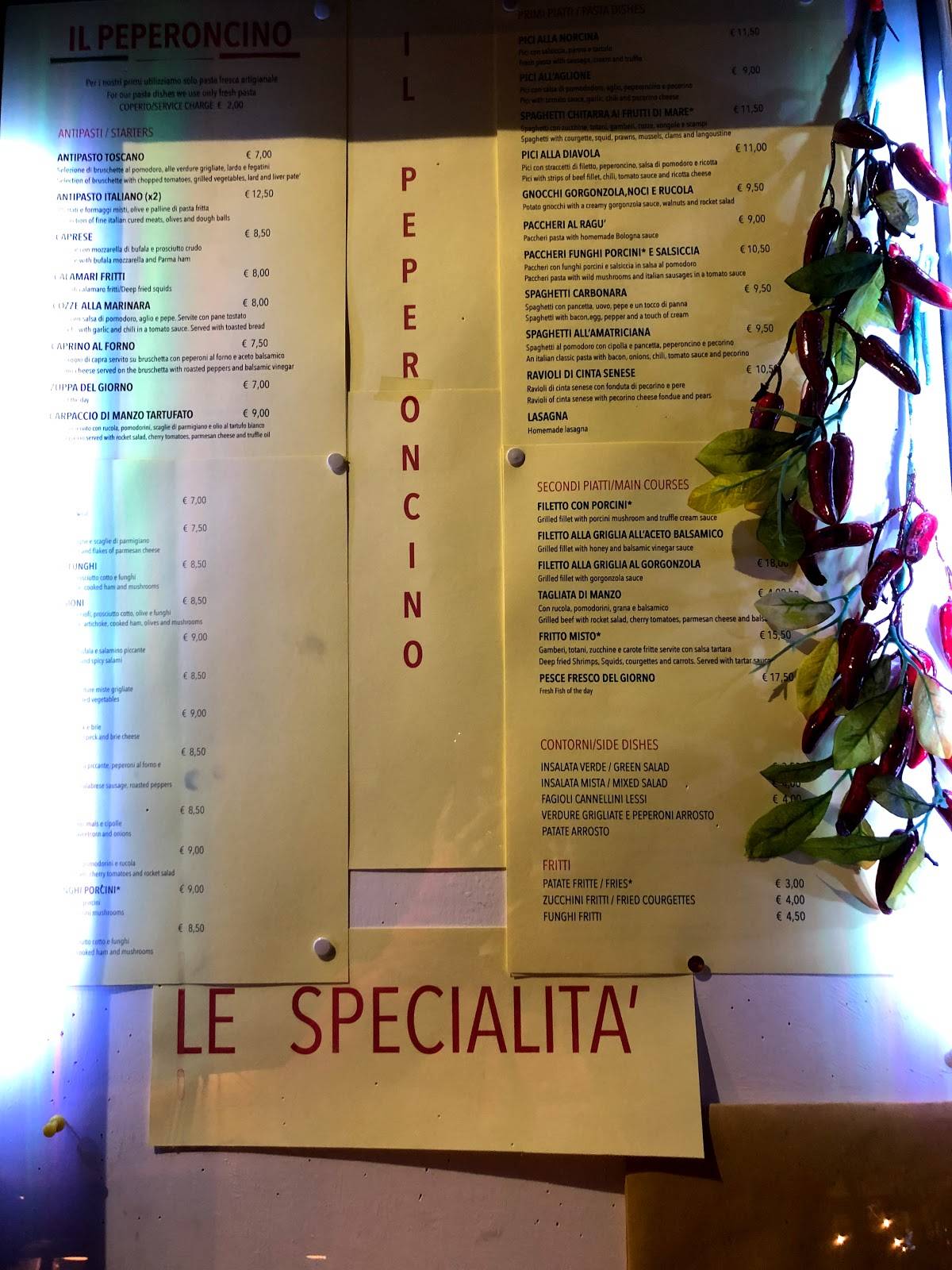 Menu da Il Peperoncino ristorante, Pisa