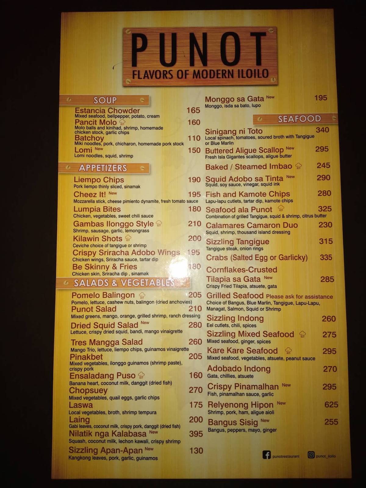Menu at PUNOT restaurant, Iloilo City