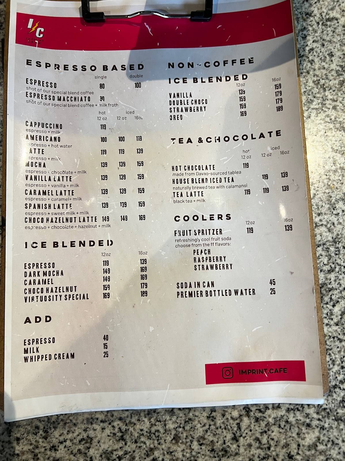 Menu at Imprint Cafe, Antipolo