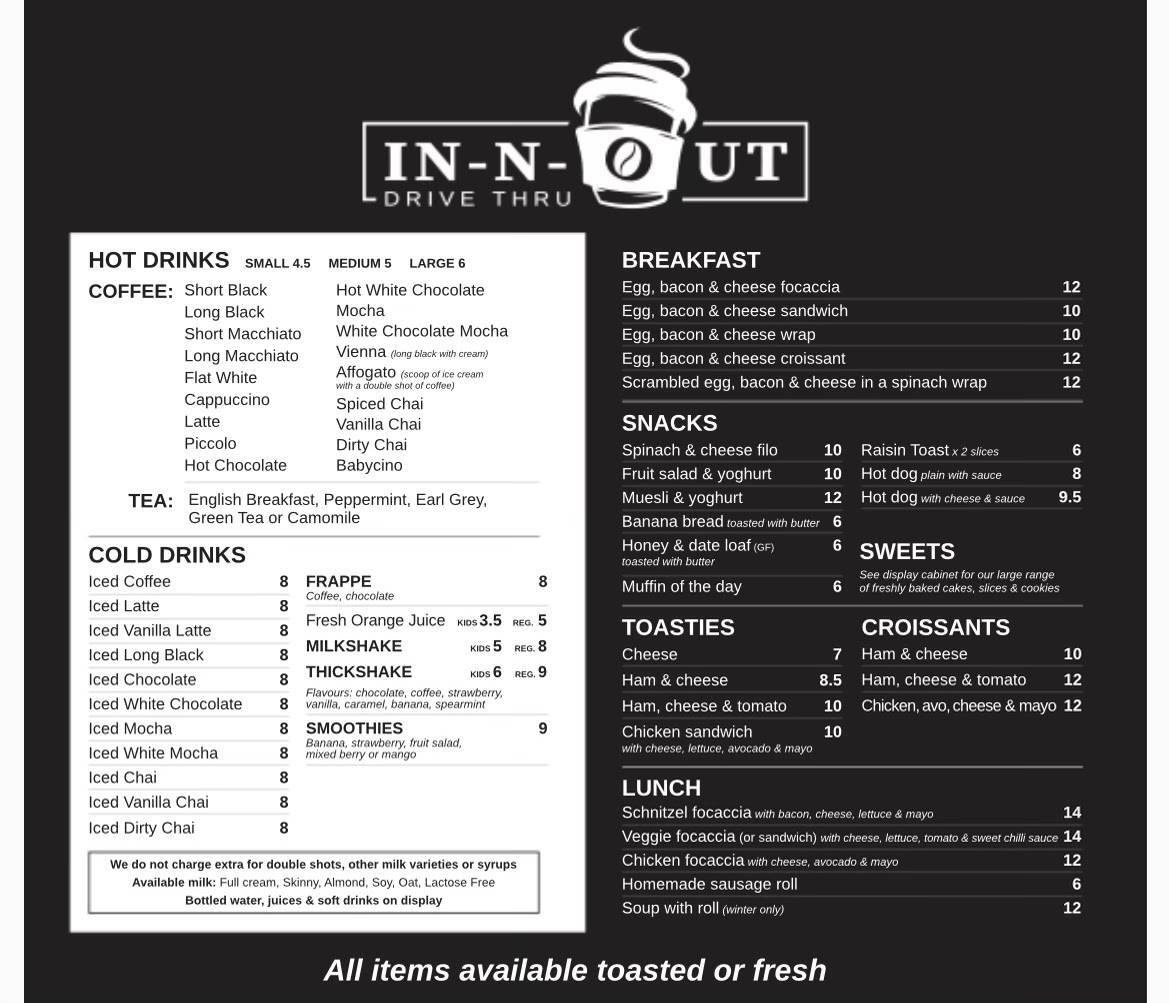 Menu at In n Out Drive Thru restaurant, Mildura