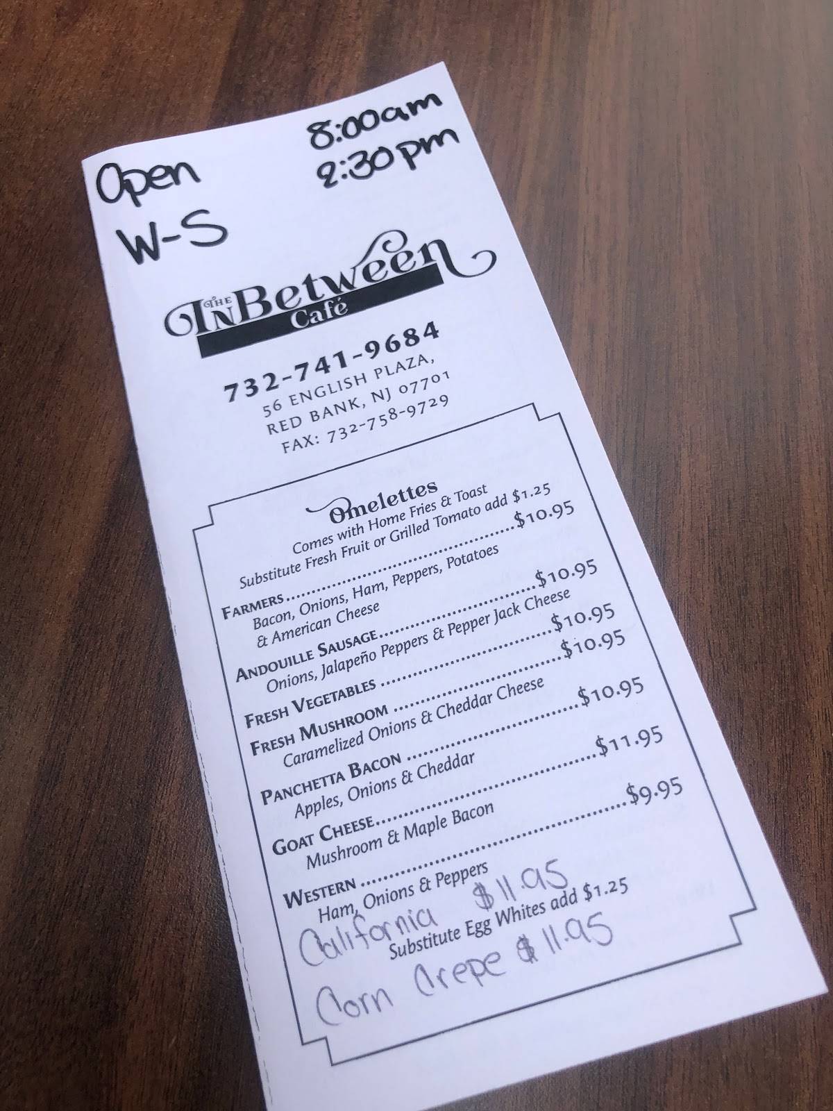 Menu at Inbetween Cafe, Red Bank