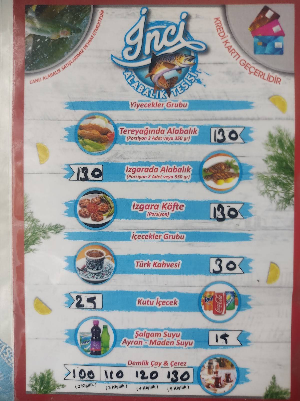 Menu at İnci Alabalık Tesisi, Turkey, 5CHW+HF