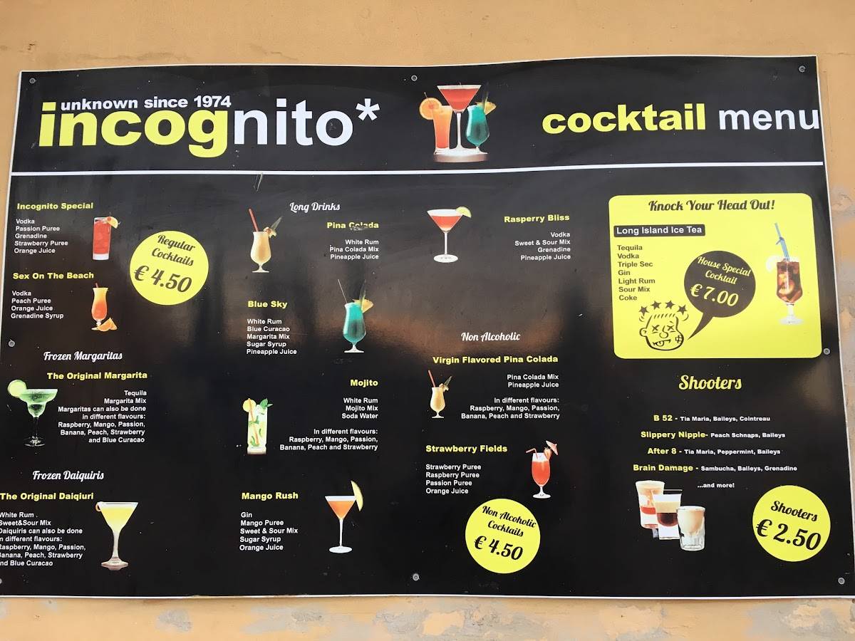 Menu at Incognito Terrace Bar and pub, Saint Paul's Bay
