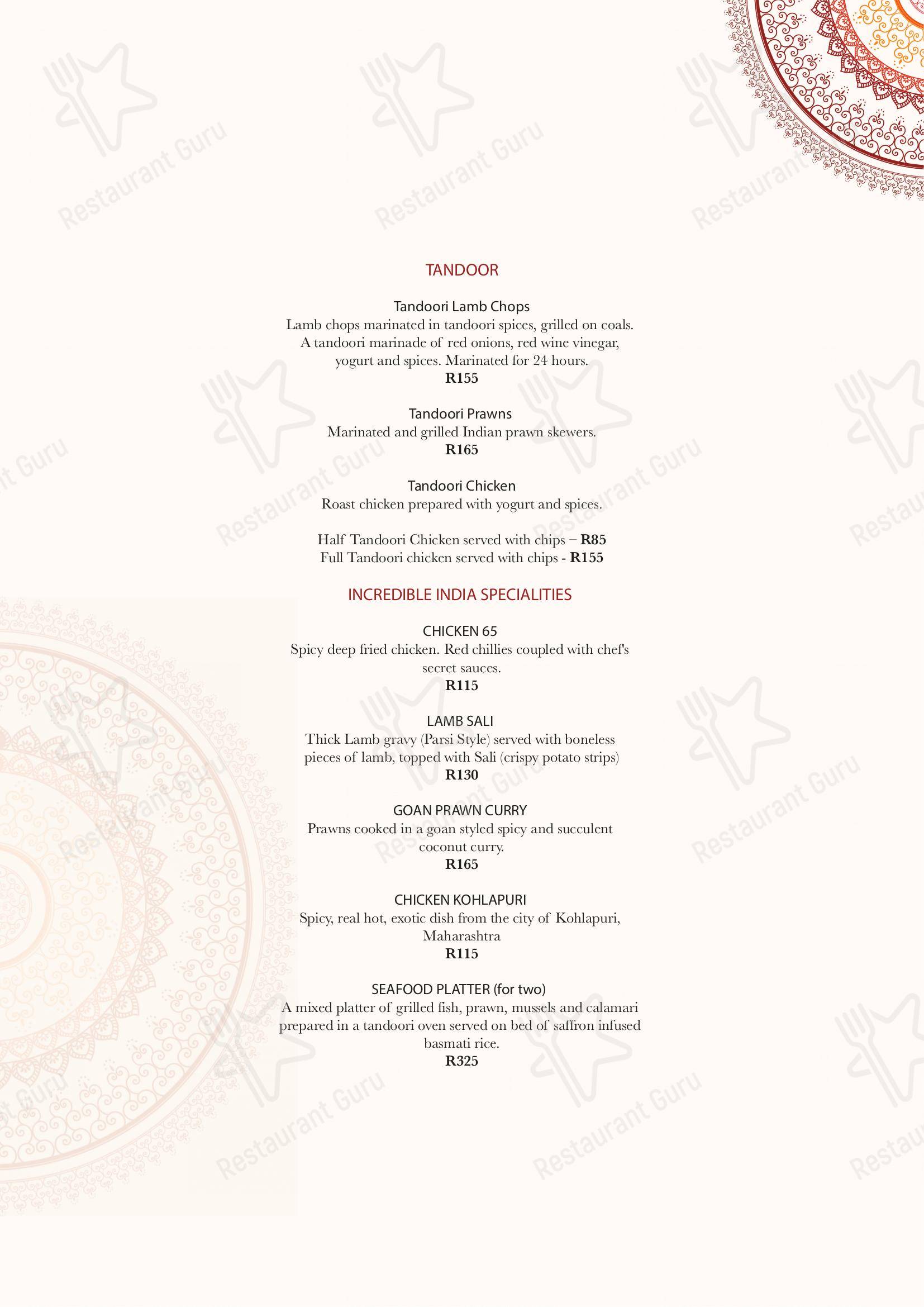 Menu at THE INCREDIBLE INDIA restaurant, Umhlanga