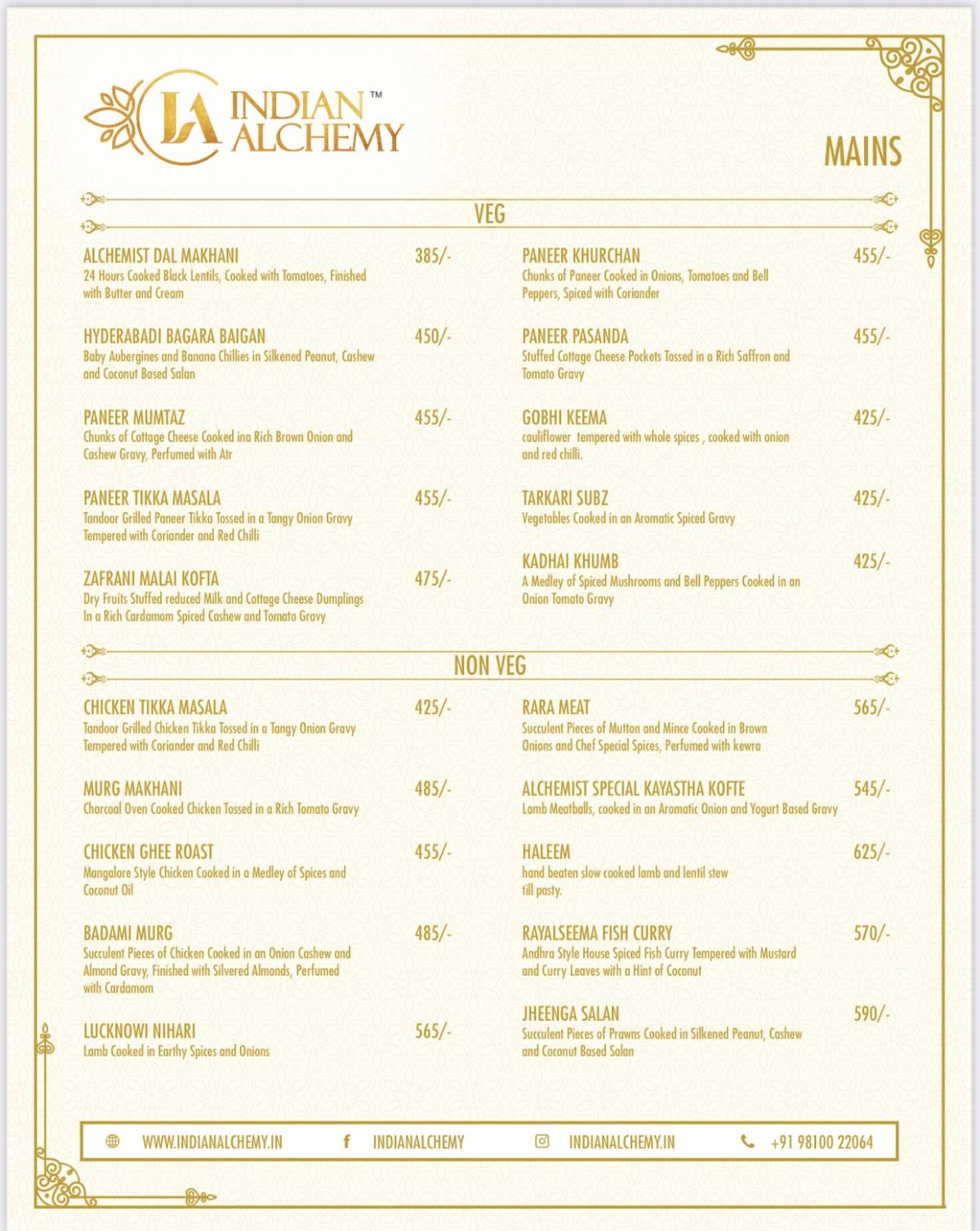 Menu at Indian Alchemy, Gurugram