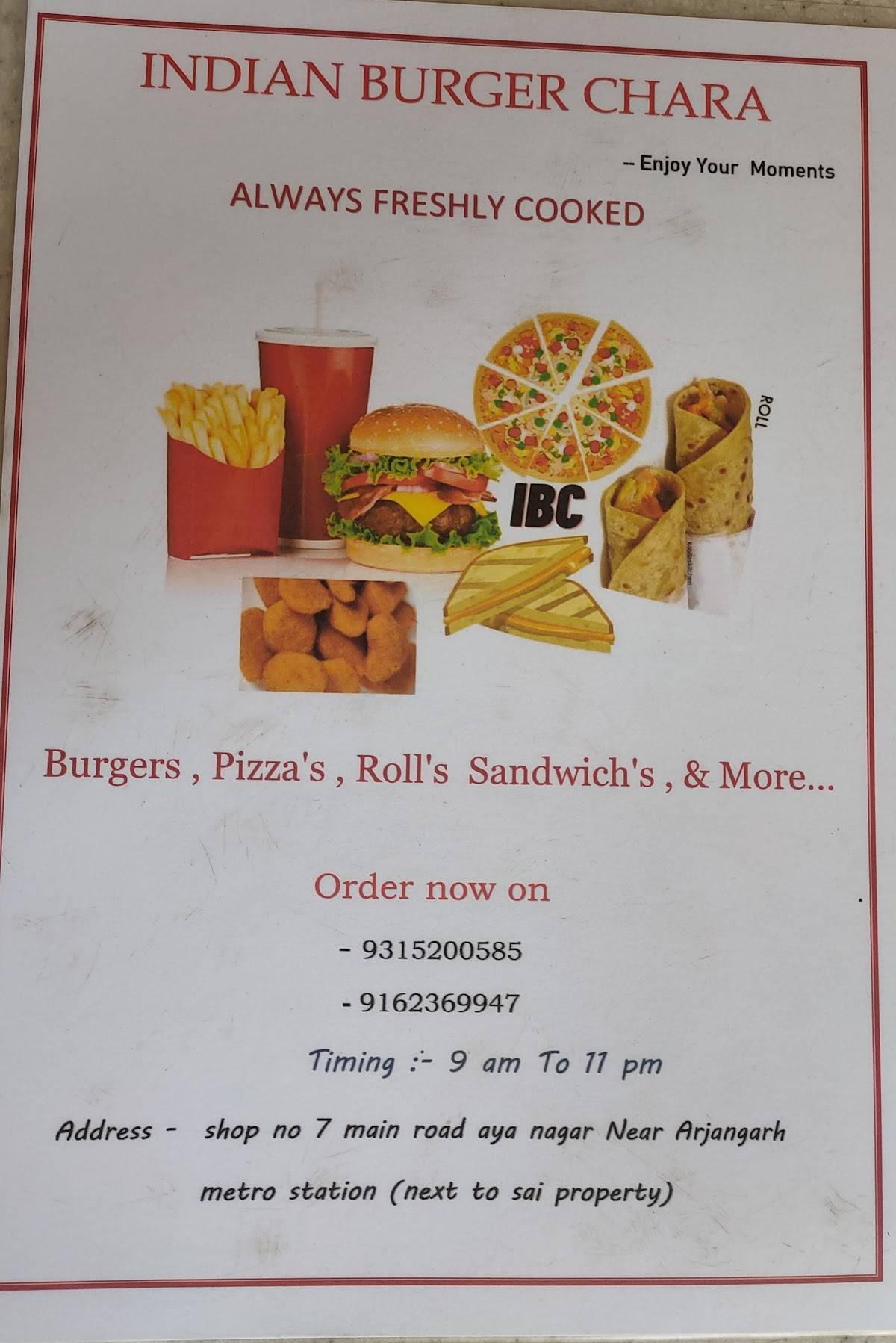 Menu at Indian Burger Chara, New Delhi