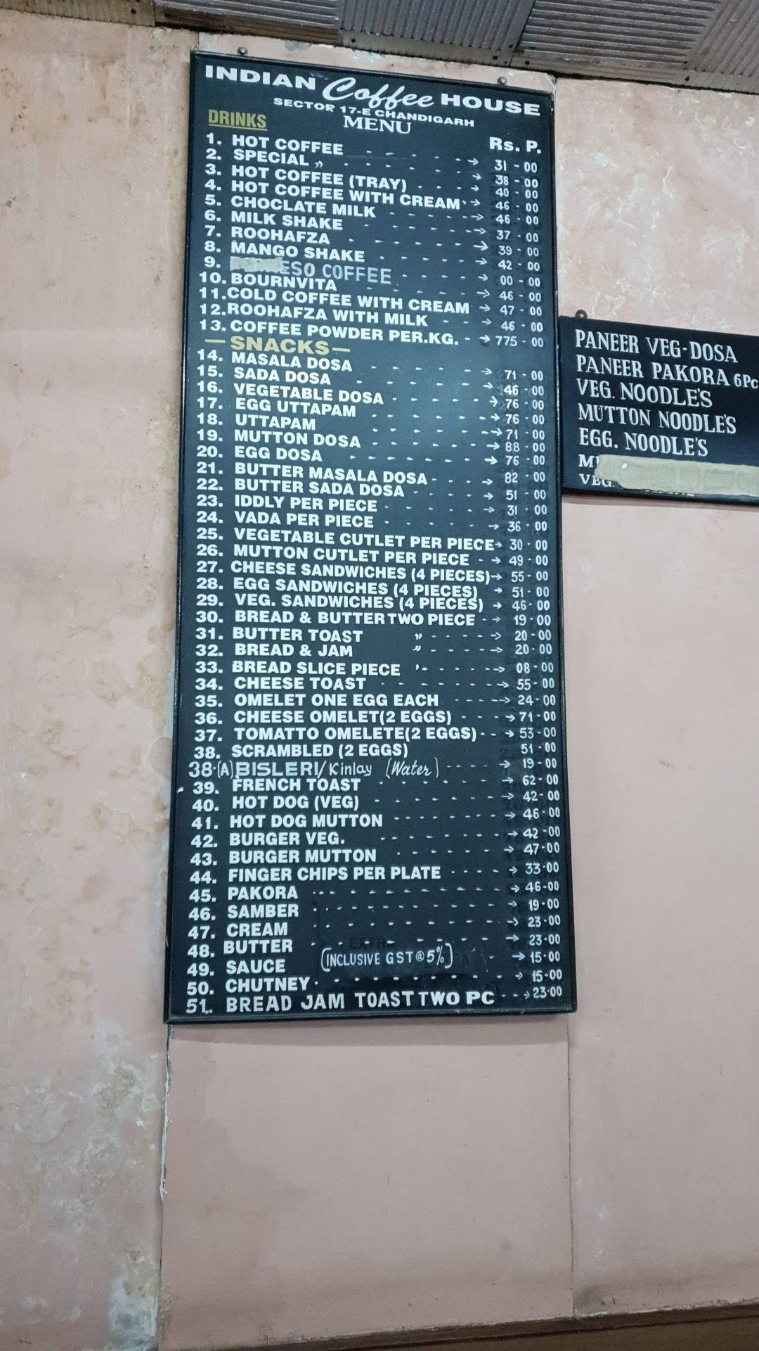 Menu at Indian Coffee House, Chandigarh, SCO 12