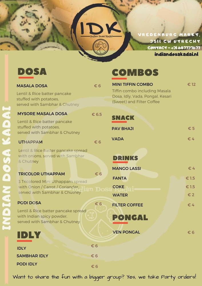 Menu au Indian Dosa Kadai, Utrecht