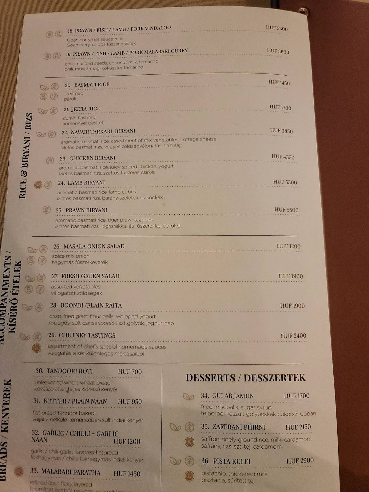 Carta de Indian Palate - Indian Restaurant in Budapest, Budapest