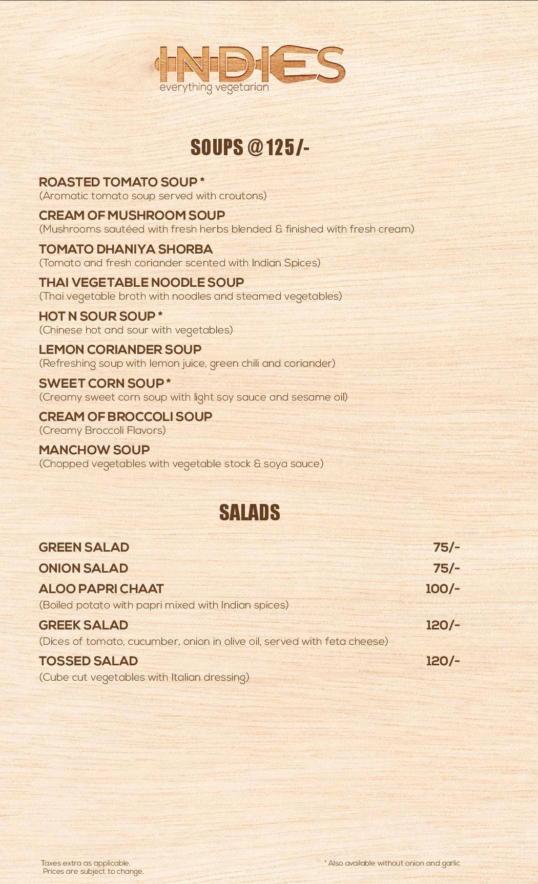 Menu at Indies, Kolkata