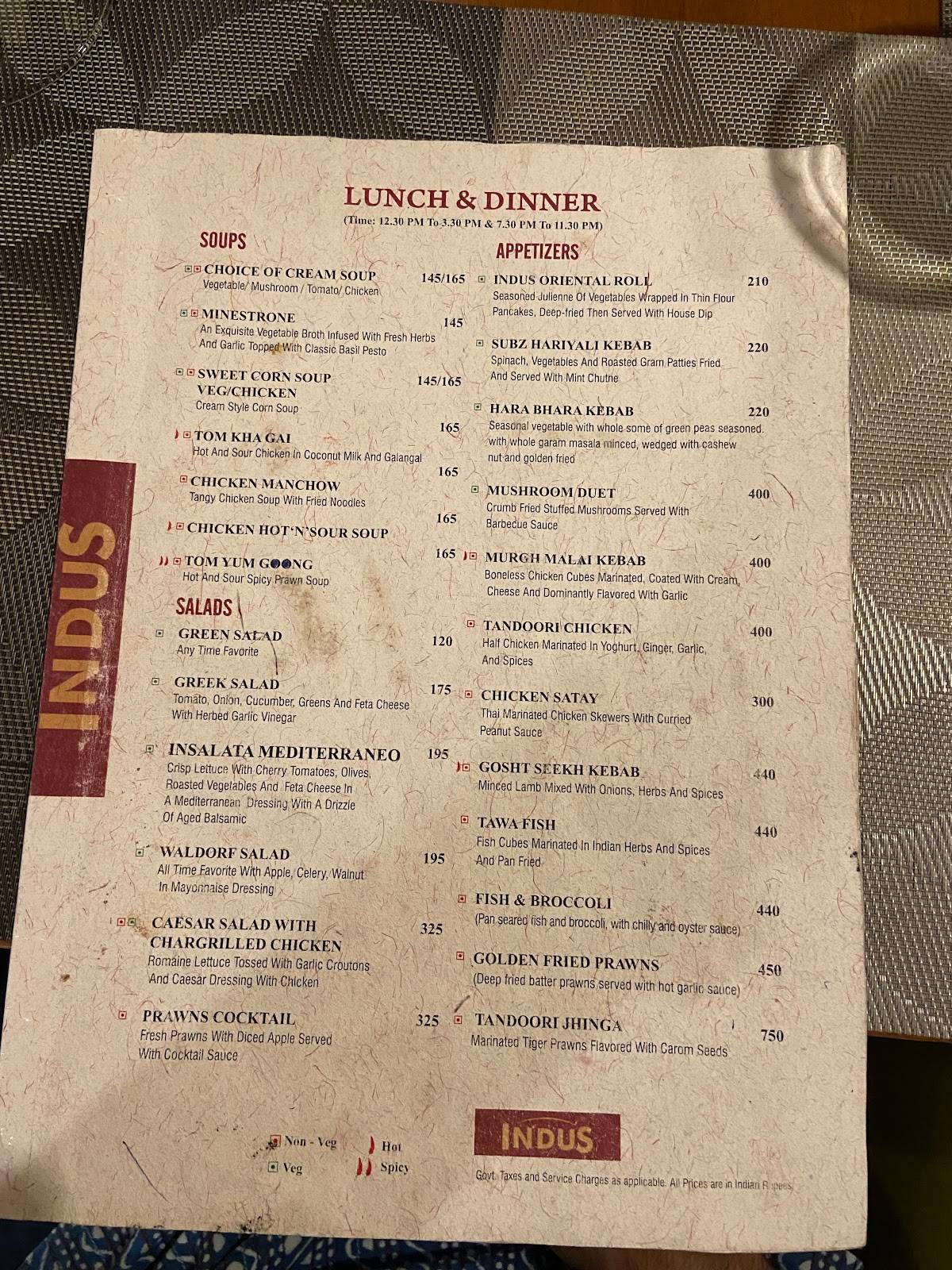 Menu at Indus, Hyderabad