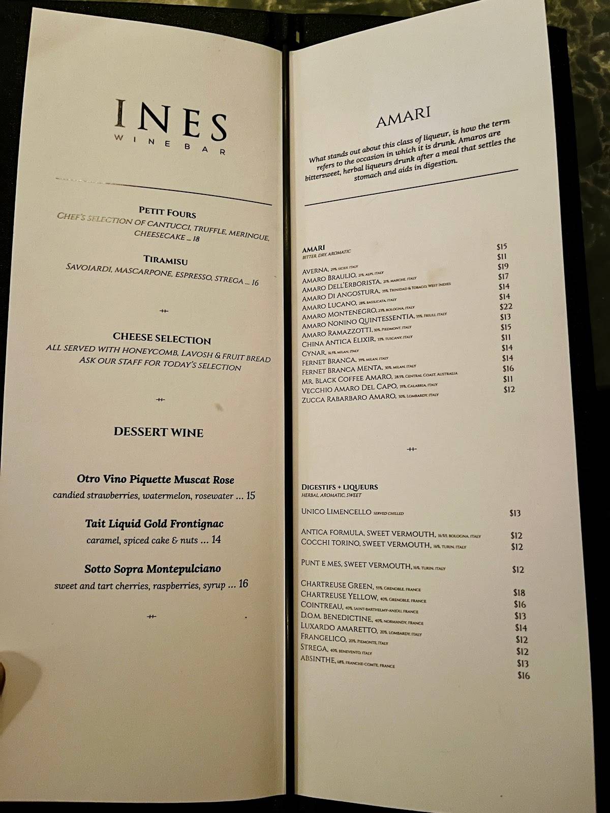 Menu at Ines Wine Bar, Windsor
