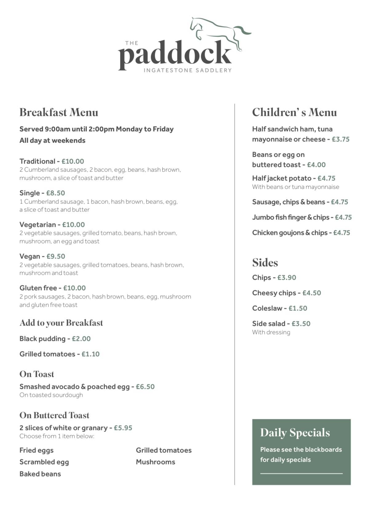 Menu at Ingatestone Saddlery Centre cafe, Ingatestone