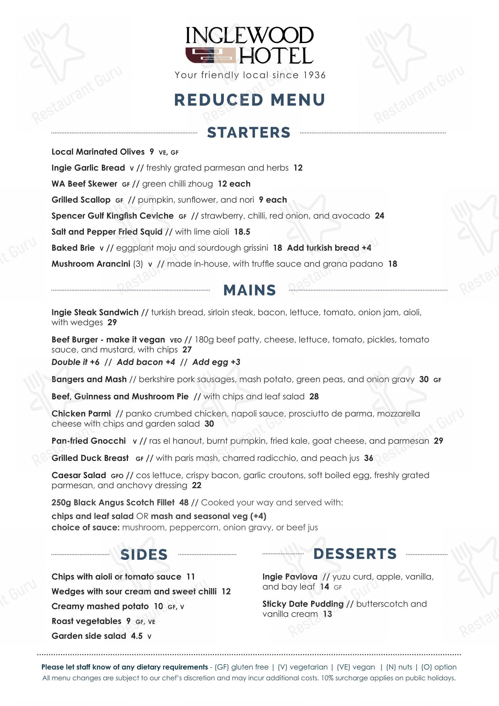 Menu at Inglewood Hotel Perth pub & bar, Mount Lawley